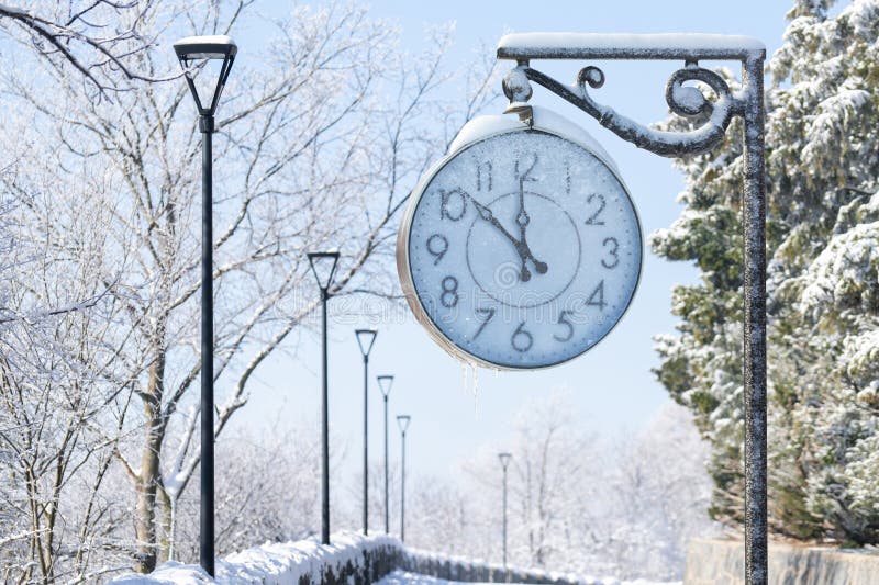 Vintage Street Clock in Winter. New Year Time Stock Photo - Image of ...