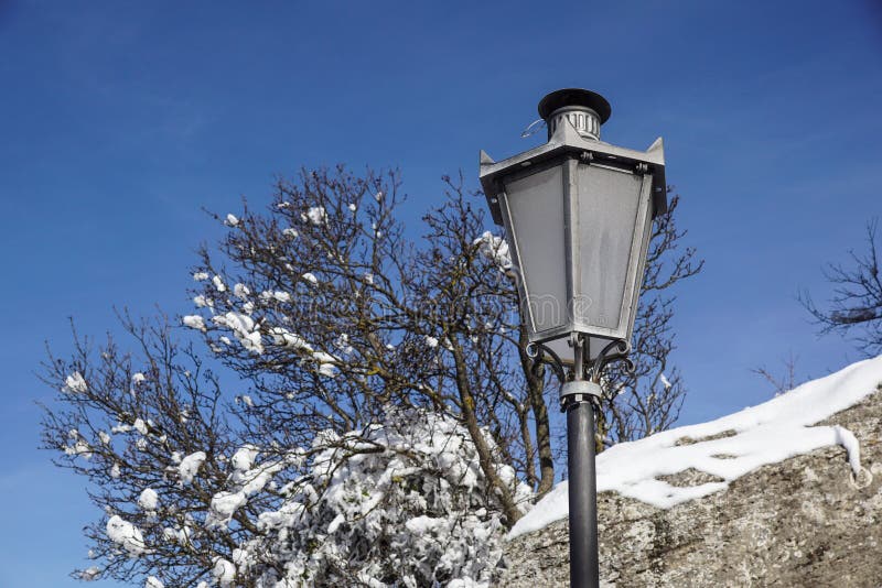 Vintage Street Lamp Post at Winter Day Stock Image - Image of light ...