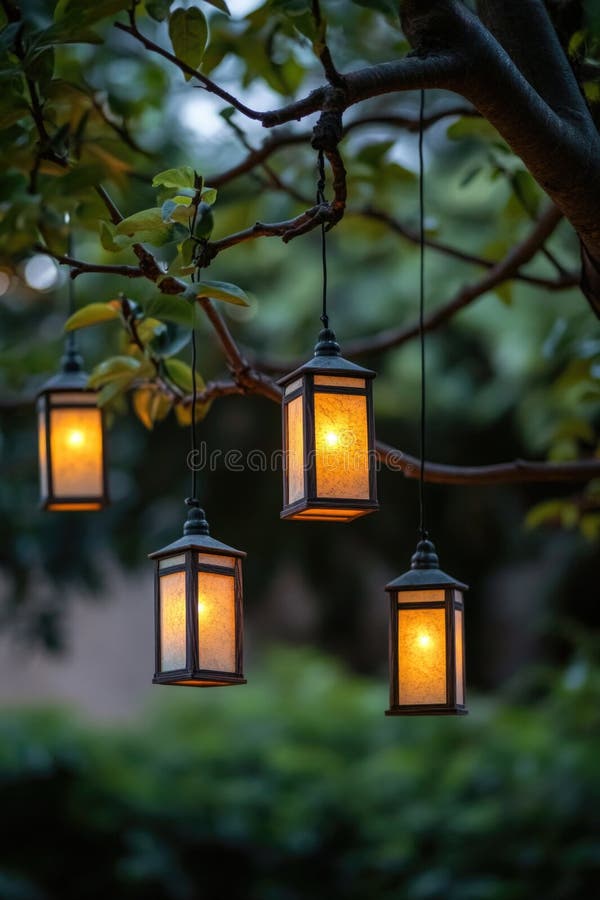 Vintage String Lanterns Illuminate Garden Pathway Stock Image - Image ...