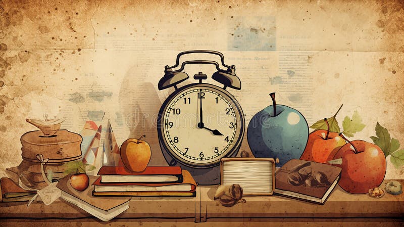 Vintage Study Break Aged Texture Illustration with Clock Stock ...