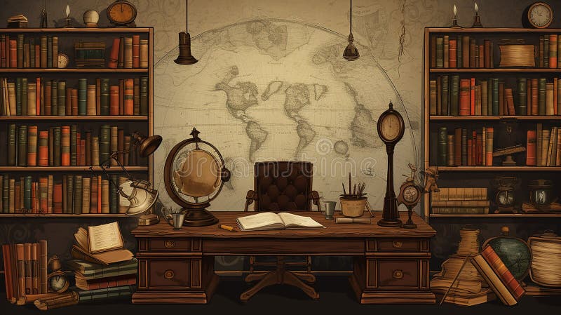 Vintage Study Break Aged Texture Illustration with Globe and Computer ...