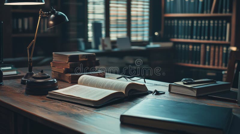 Vintage Study Desk with Open Book and Classic Lamp Stock Photo - Image ...