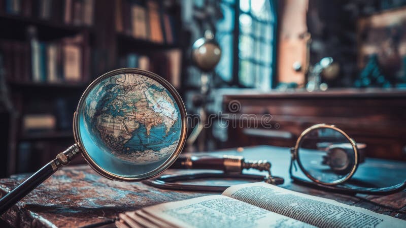 Vintage Study with Magnifying Glass and Antique Globe Stock Photo ...