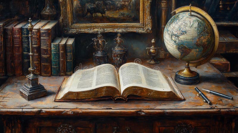 Vintage Study with Open Book and Globe Generative AI Stock Illustration ...