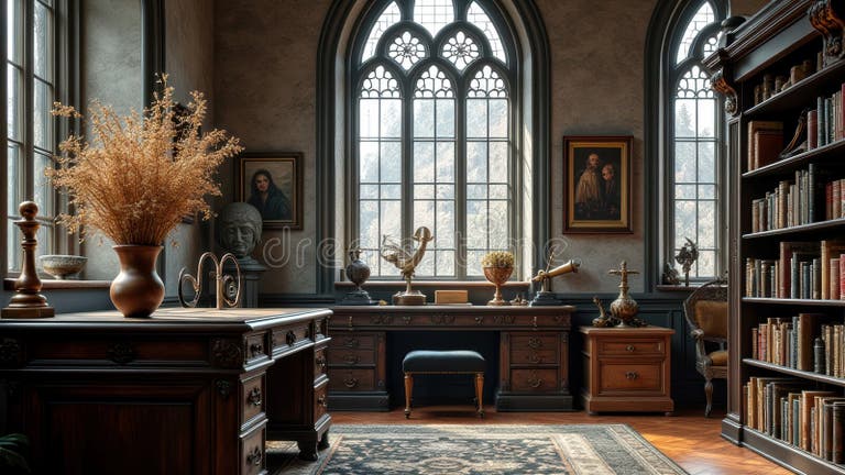 Vintage Study Room with Classical Furniture and Large Gothic Windows ...