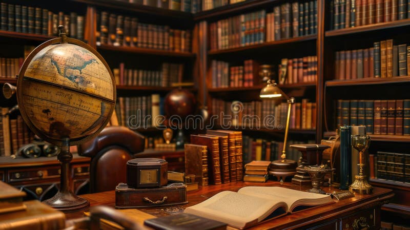Vintage Study Room with a Globe, Books, and Antique Objects Stock ...