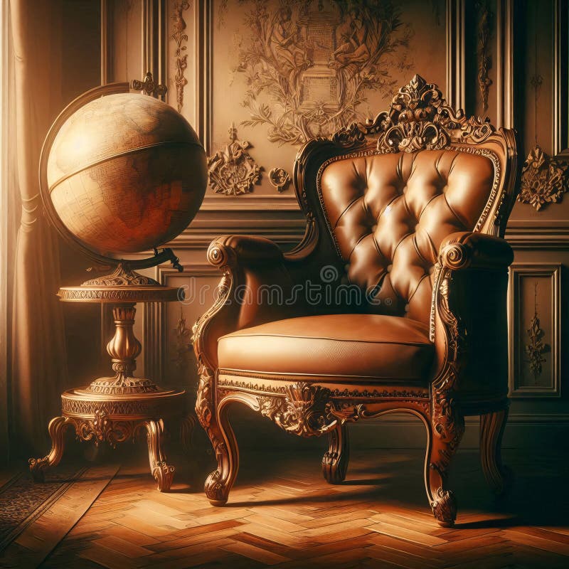 Vintage Study Room with a Globe, Chair, and Map Stock Illustration ...