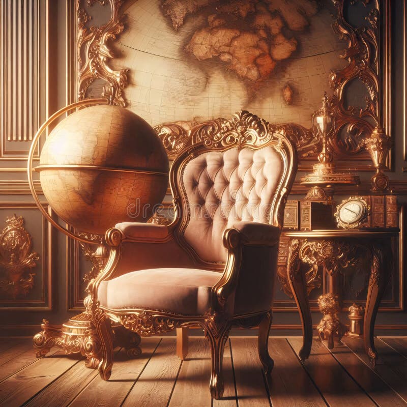 Vintage Study Room with a Globe, Chair, and Map Stock Illustration ...