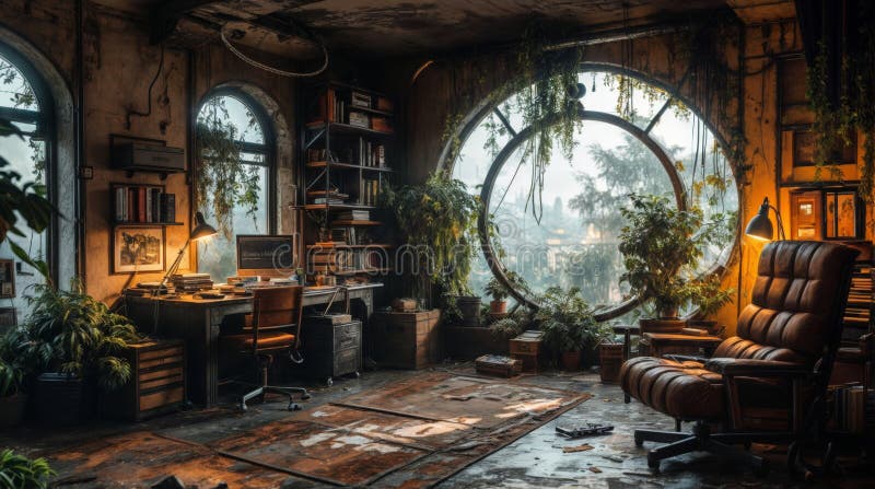 Vintage Study Room with Plants and Circular Window Stock Photo - Image ...