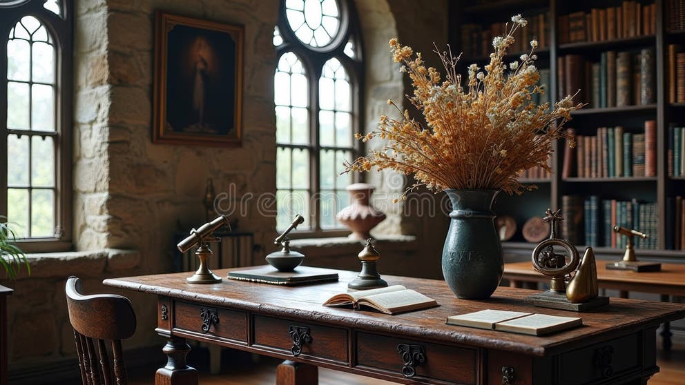 Vintage Study Room with Rustic Wooden Desk and Antique Decor Stock ...