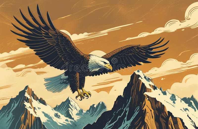 Vintage Eagle Soaring Over Mountains Stock Illustration - Illustration ...