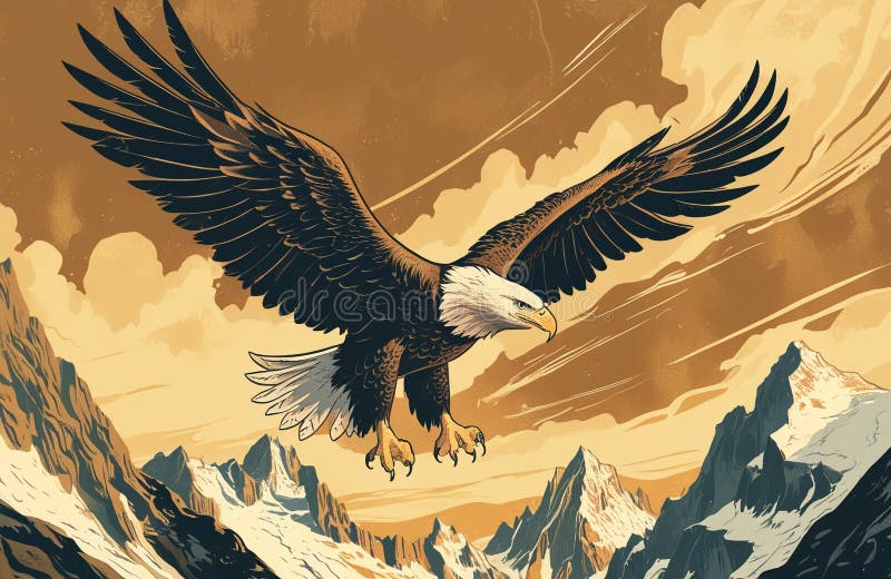 Vintage Eagle Soaring Over Mountains Stock Illustration - Illustration ...