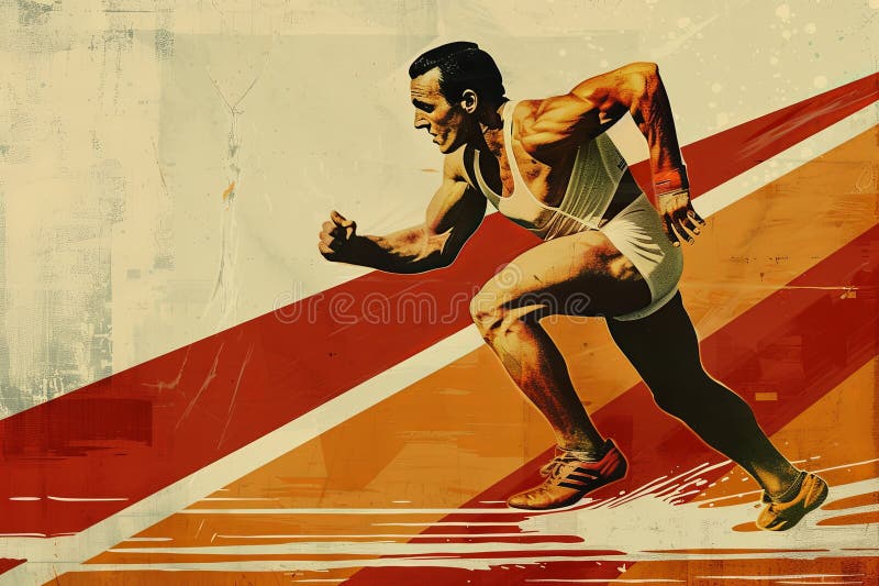 Vintage-Style Athlete Running at Full Speed on Dynamic Retro Background ...