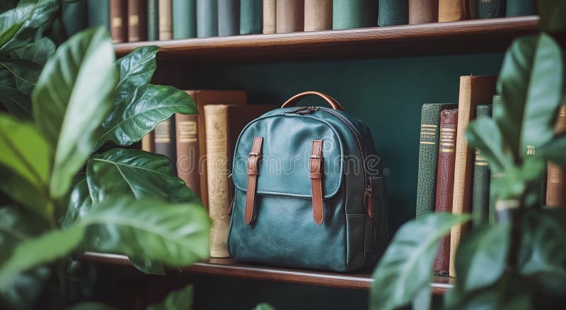 A Vintage Style Backpack Placed on a Bookshelf Surrounded by Green ...