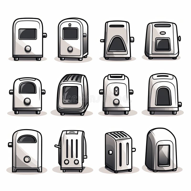 Vintage Style Black and White Illustrations of a Retro Toaster from ...