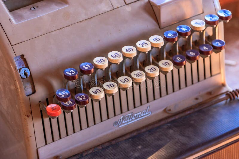 A Vintage Style Cash Register with a Red Button on the Left Side Stock ...
