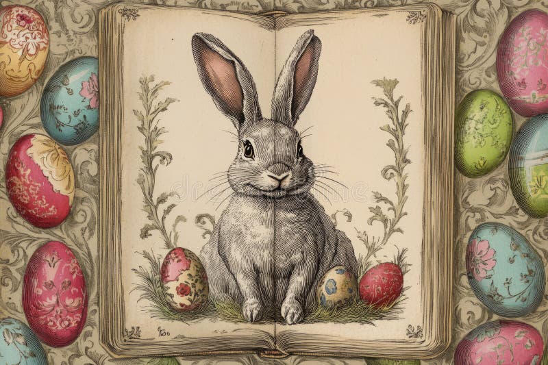 Vintage Style Easter Bunny Illustrated Old Fashioned Book Surrounded ...