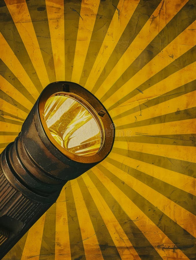 Vintage Style Flashlight with Illuminated Bulb Against Yellow Sunburst ...