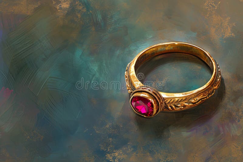Vintage-style Gold Ring with a Red Ruby Centerpiece Against a Textured ...