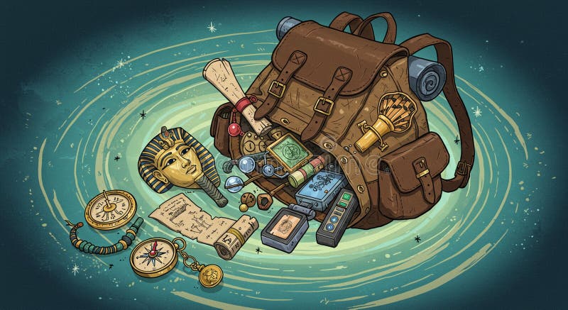 A Vintage-style Illustration Features a Brown Leather Backpack ...