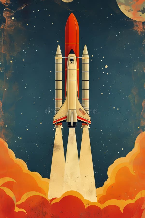 Vintage Style Illustration of a Rocket Launching into Space. Stock Illustration - Illustration ...