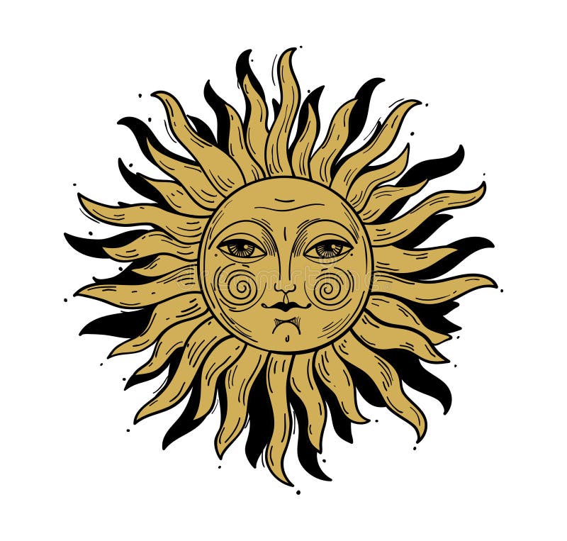 Vintage Style Illustration, Sun with a Face, Stylized Drawing, Gold ...