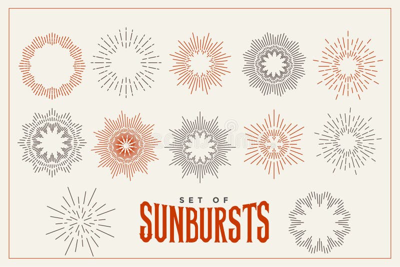 Vintage Style Linear Sun Rays Element in Set Stock Vector ...