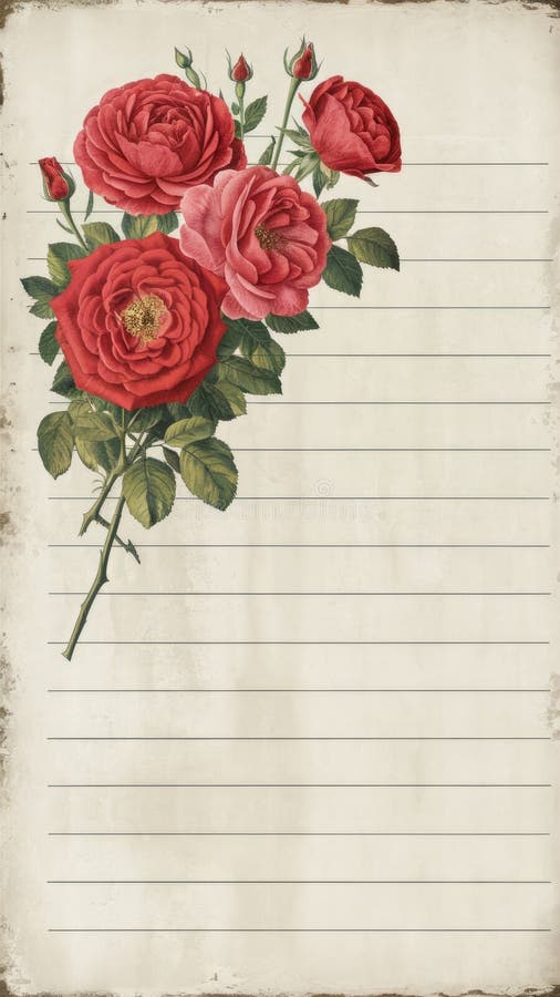 Vintage Style Lined Paper with a Bouquet of Red Roses Stock ...