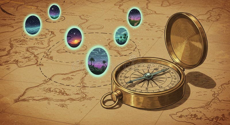 A Vintage-style Map Features a Brass Compass with an Open Lid, Showcasing Classic Stock ...