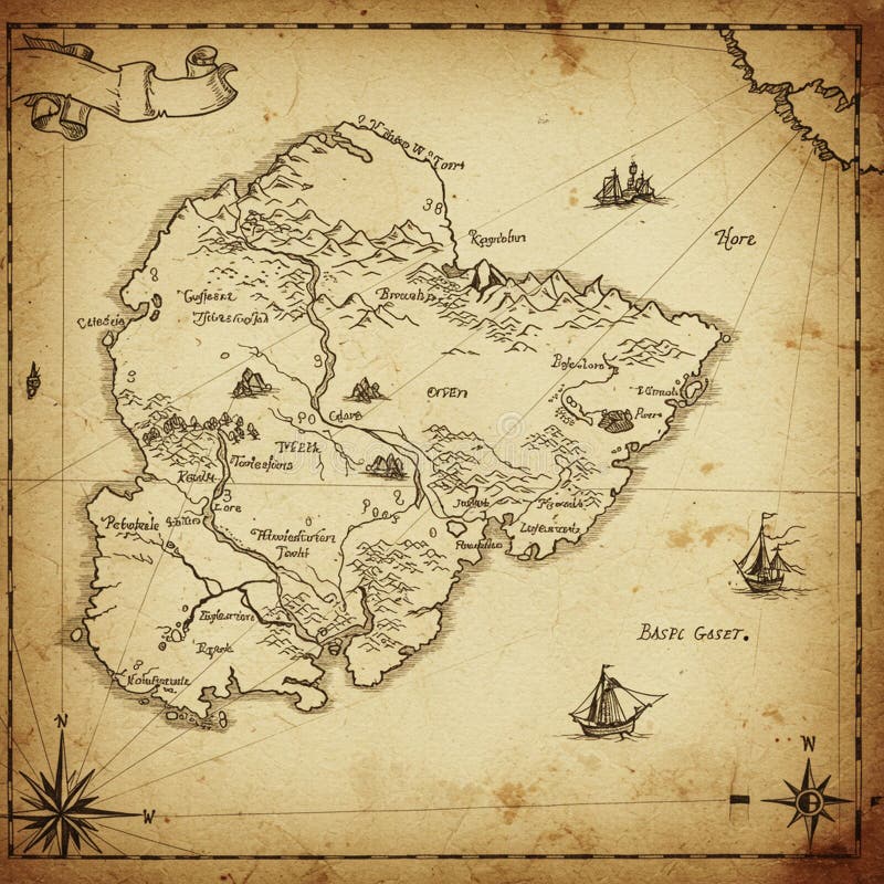 Vintage-style Map Showcasing an Imaginary Land with Various Regions ...