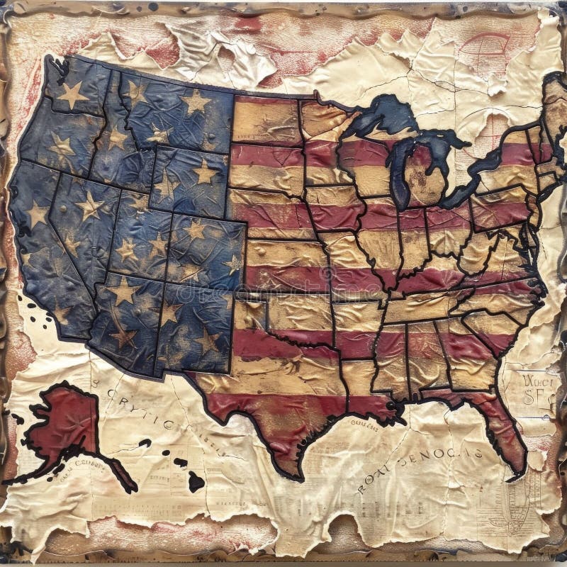 A Vintage-style Map of the United States with an American Flag Overlay ...