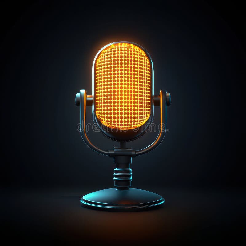 A Vintage-style Microphone with an Illuminated Orange Grille on a Dark ...