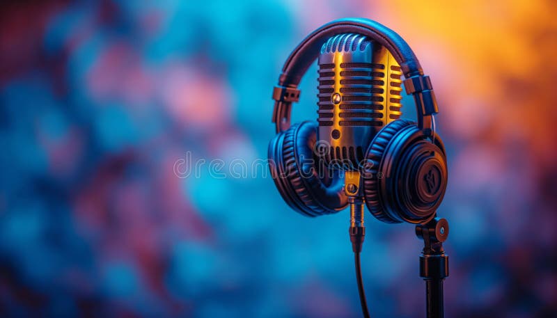 Vintage-style Microphone with Large Headphones Draped Over it ...