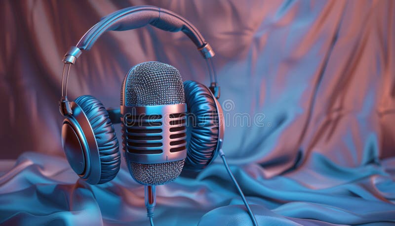 Vintage-style Microphone with Large Headphones Draped Over it ...