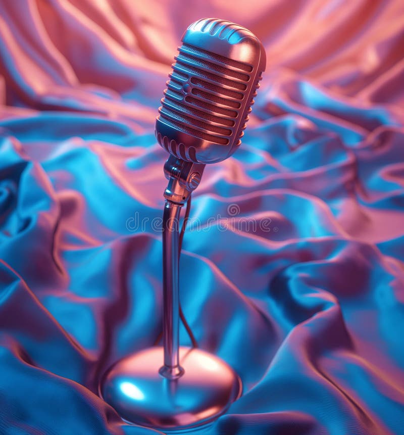 Vintage-style Microphone Standing on Soft, Flowing Fabric in Cool Blue ...