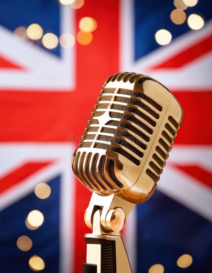 Vintage Microphone in Front of British Flag with Glowing Lights ...