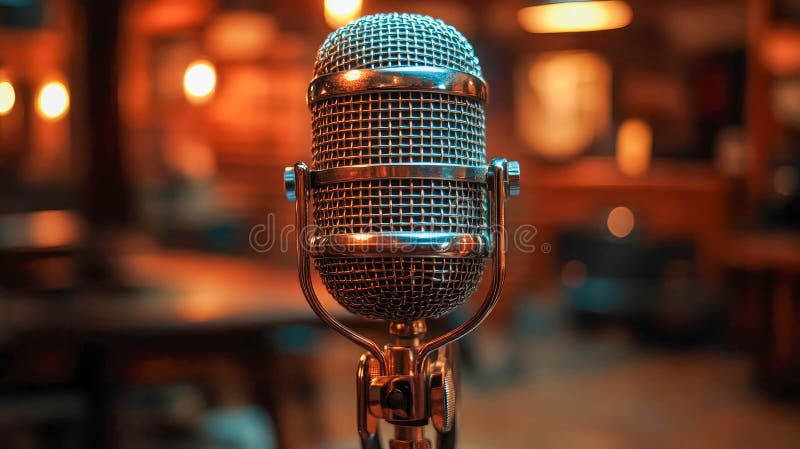 Vintage-style Microphone in a Warmly Lit Recording Studio, with Blurred ...