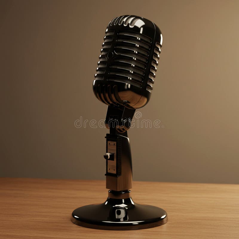 Vintage-style Microphone on a Wooden Surface, Featuring a Chrome Finish ...