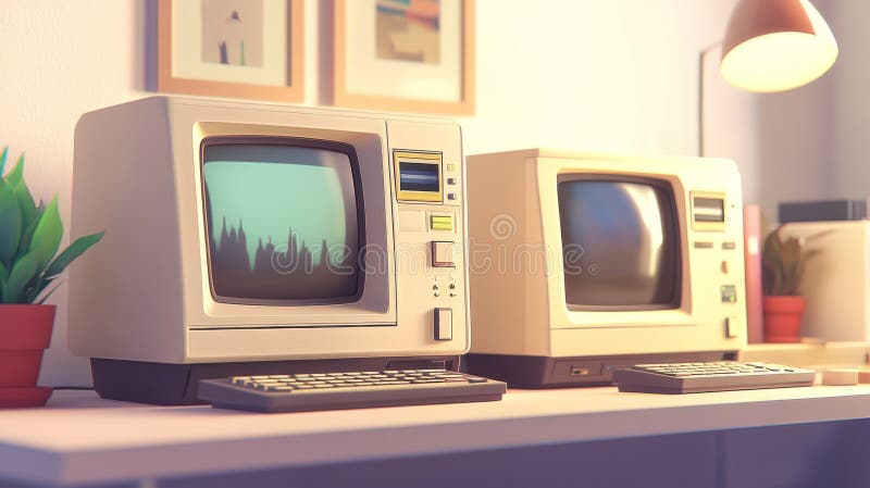 A Vintage-style Office Equipped with Antique Computers and a Wide ...