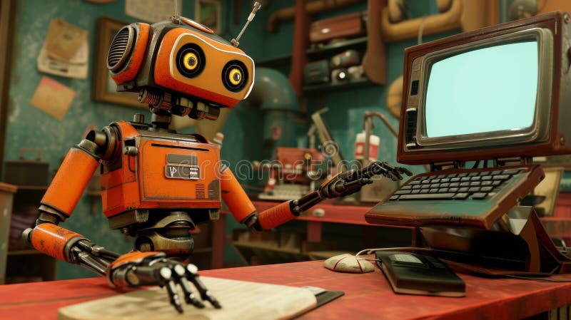 Vintage-style Orange Robot in a Retro Workshop Setting Stock Photo ...