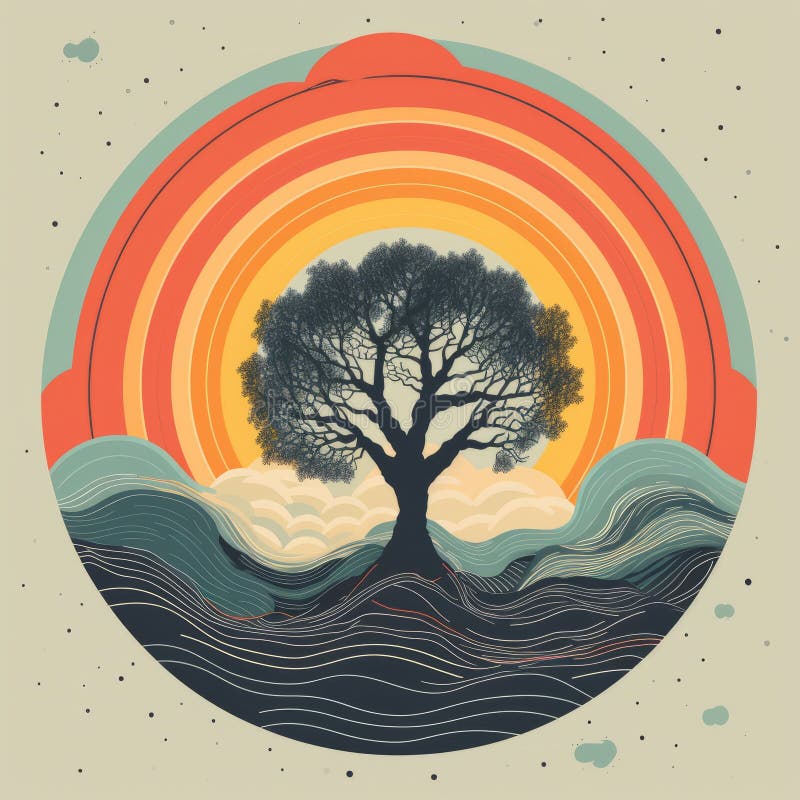 Vintage Poster Design: a Tree with Waves and Vibrant Colors Stock ...