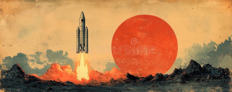Retro Poster Depicting an Iconic Rocket Launch with a Large Red Sun ...