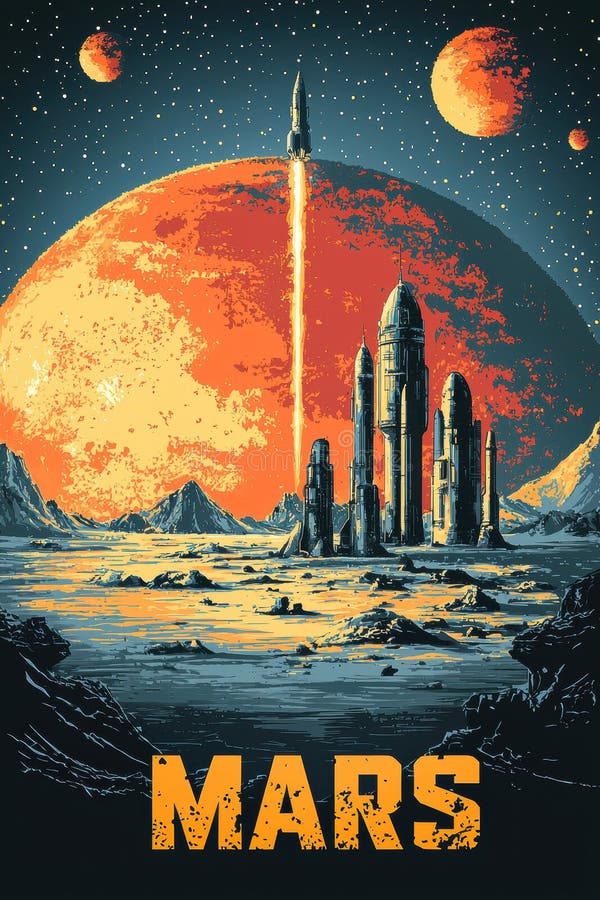 Vintage-style Poster of a Rocket Launching from Mars with Planets Stock ...