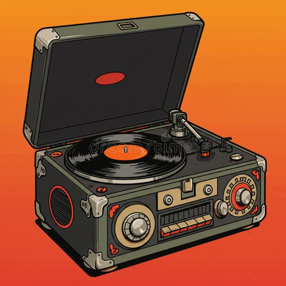 Vintage-style Record Player with an Open Lid, Displaying a Vinyl Record ...