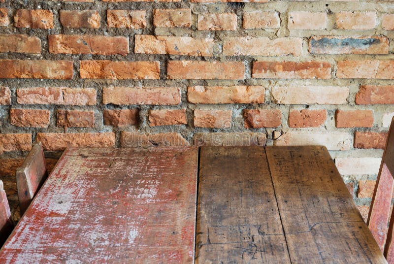 Vintage Style. Red Brick Wall with Wood Table Stock Image - Image of ...