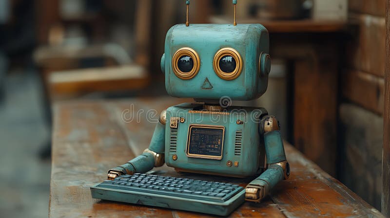 A Vintage-style Robot with Large, Expressive Eyes Sits at a Desk ...