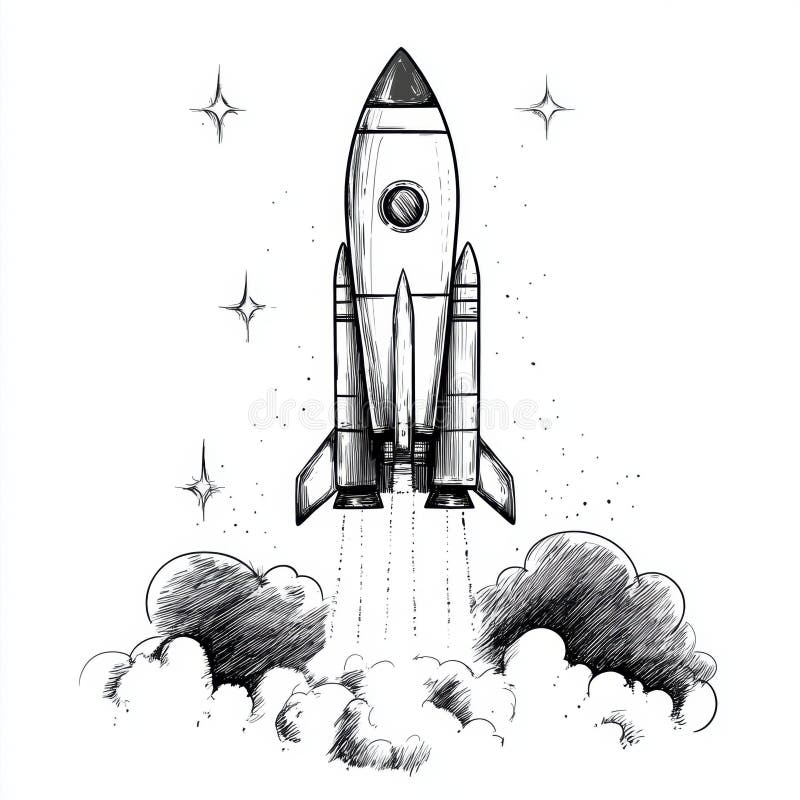 Vintage-style Rocket Launching into Space with Clouds Below Stock ...
