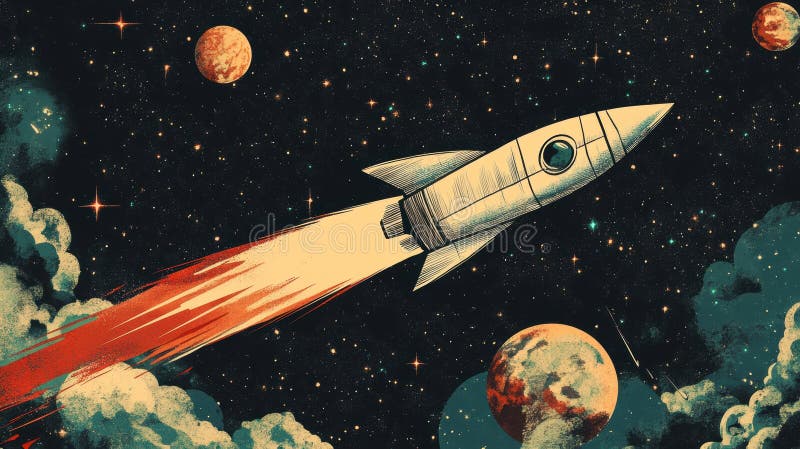 Vintage Style Rocket Launching into Space with Stars and Planets in Background Stock ...