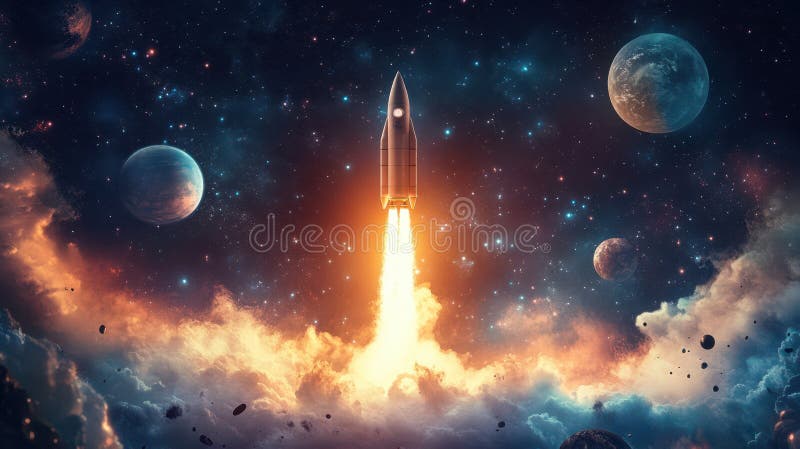 Vintage Style Rocket Launching into Space with Stars and Planets in ...