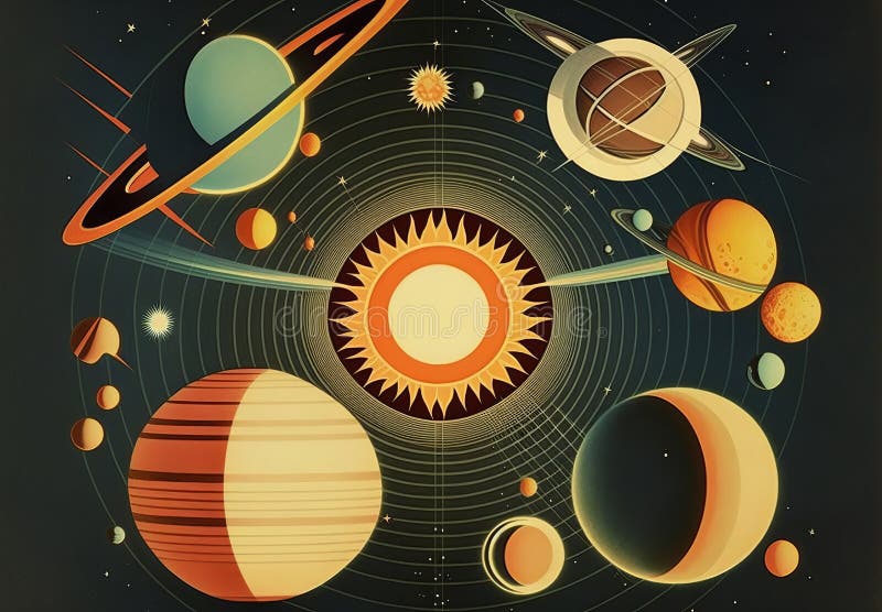 Vintage Style Science Fiction Outer Space, Galaxy Planets. Generative ...